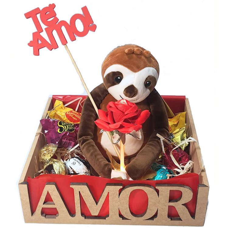 Cesta Namorados Te Amo Bicho Preguiça E Flor Luz | Nova Flor